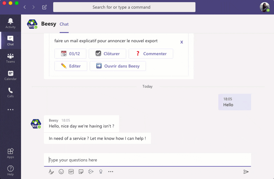 Using Beesy Chatbot in Microsoft Teams to manage your daily work